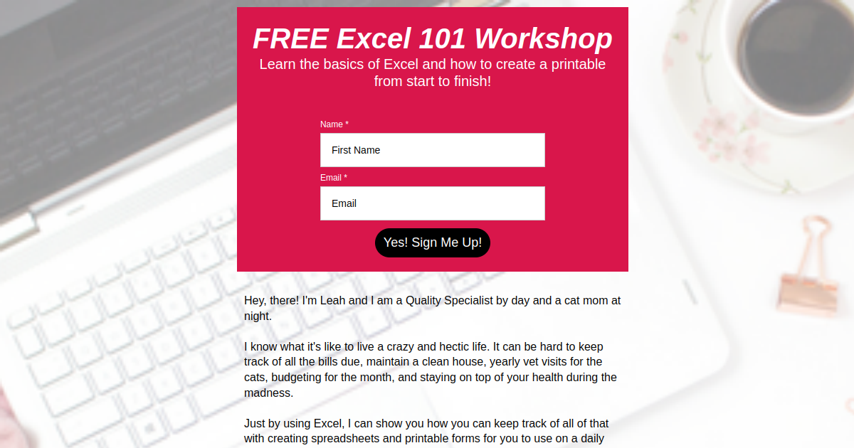 Excel 101 Workshop Landing Page